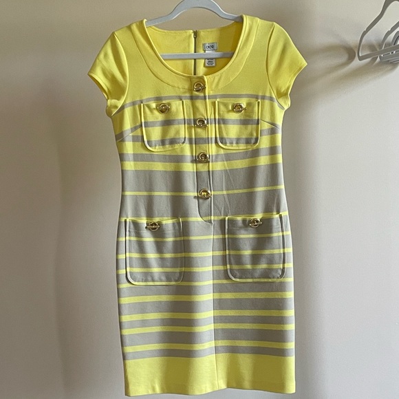 Cache | Dresses | Cache Yellow And Tan Cap Sleeve Dress With Gold ...